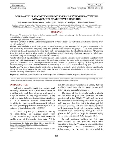 Pdf Intra Articular Corticosteroids Versus Physiotherapy In The Management Of Adhesive Capsulitis