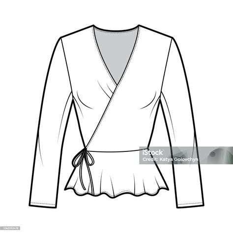 랩 블라우스 테크니컬 패션 일러스트 핏 실루엣 러플 밑단 긴 소매 허리 넥타이 블라우스에 대한 스톡 벡터 아트 및 기타 이미지