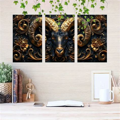 3 조각 양자리 조디악 로그인 캔버스 벽 예술 홈 오피스 벽 장식용 검정색과 금색 시리즈 포스터 프레임 없음 3048x4572 Cm 아티스트 캔버스 예술품