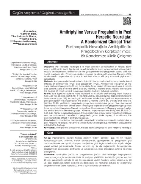 Pdf Amitriptyline Versus Pregabalin In Post Herpetic Neuralgia A Randomized Clinical Trial