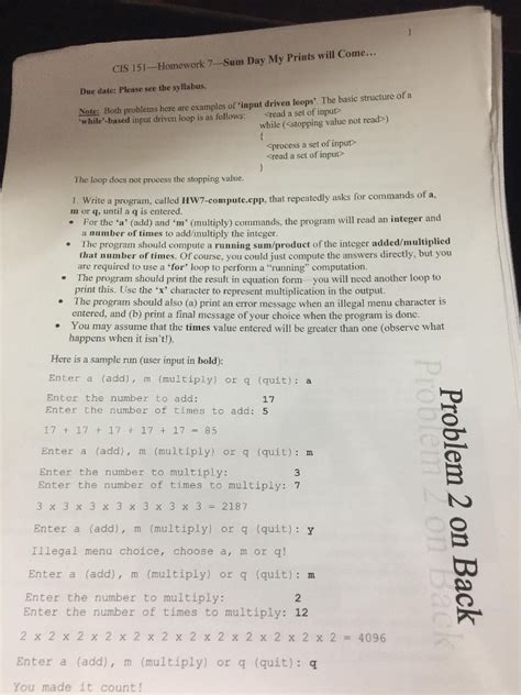 Solved CIS 151 Homework 7 Sum Day My Prints Will Come Due Chegg Com