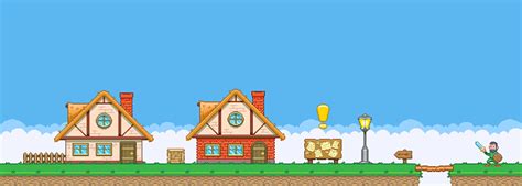 칼과 방패를 가진 만화 영웅의 다채로운 간단한 벡터 픽셀 아트 수평 그림은 복고풍 비디오 게임 수준에서 퀘스트 마을에 접근합니다 0명에 대한 스톡 벡터 아트 및 기타 이미지