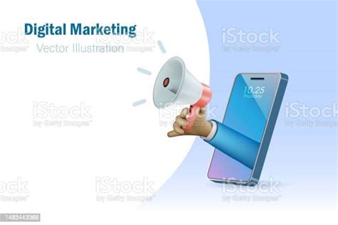 사업가가 스마트폰에 확성기를 들고 있다 디지털 마케팅 소셜 미디어 프로모션 발표 및 커뮤니케이션 개념 3d 벡터 3차원 형태에 대한 스톡 벡터 아트 및 기타 이미지 Istock