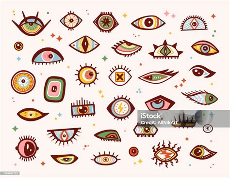 다양한 이상한 악과 재미 코믹하고 기괴한 눈이 설정되었습니다 추상 낙서 눈 트렌디 한 사이키델릭 이상한 만화 스타일의 다른 모양 벡터 일러스트레이션 Freemasons에