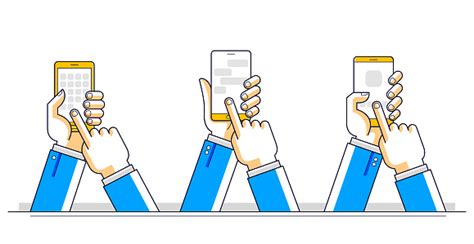 인터넷 통신 및 활동 사람들은 휴대폰을 들고 앱을 사용하여 손을 잡고 글로벌 네트워크 현대 통신 메신저 또는 소셜 미디어 개념 벡터 디자인 3 명에 대한 스톡 벡터 아트 및