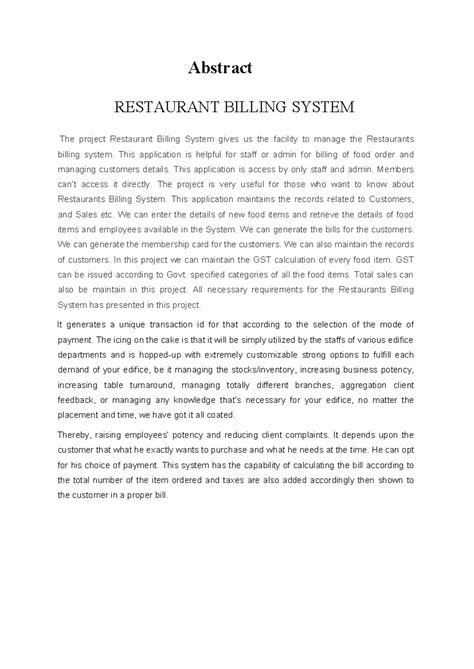Hotel Billing Project Python Abstract RESTAURANT BILLING SYSTEM The Project Restaurant Billing