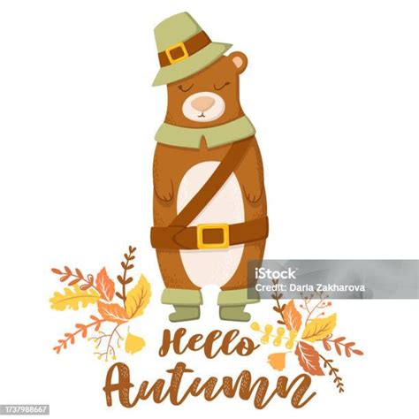 귀여운 곰 캐릭터 글자 단풍이 흰색 배경에 분리되어 있는 벡터 그림 추수 감사절 인사말 카드 초대장 템플릿 포스터에 대한 그림 10월에 대한 스톡 벡터 아트 및 기타 이미지