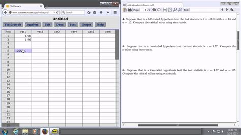 Critical Values For A Two Tailed Hypothesis Z Test Using Statcrunch Youtube