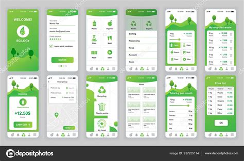 ชุดของ Ui Ux Gui หน้าจอแอพนิเวศวิทยาแม่แบบการออกแบบแบนสําหรับแอพมือถือ กรอบลวดเว็บไซต์ที่