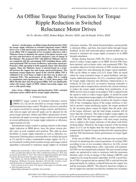 Pdf An Offline Torque Sharing Function For Torque Ripple Reduction In Switched Reluctance