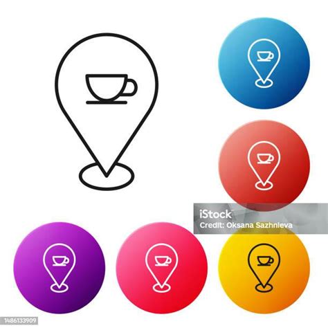 검은색 선 흰색 배경에 분리된 커피잔 아이콘이 있는 위치입니다 아이콘 다채로운 원형 버튼을 설정합니다 벡터 관광에 대한 스톡 벡터 아트 및 기타 이미지 Istock