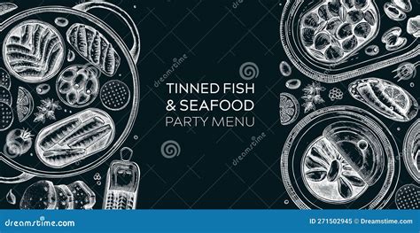 Hand Drawn Canned Fish Border Design Vector Seafood Background On
