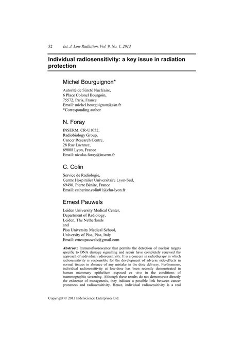 Pdf Individual Radiosensitivity A Key Issue In Radiation Protection
