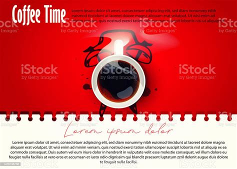 작업 휴식 비즈니스 휴식 만화 스타일의 커피 브레이크의 개념 텍스트를위한 공간이있는 추상적 인 색의 배경에 알람 시계 형태의 커피 한 잔 0명에 대한 스톡 벡터 아트 및