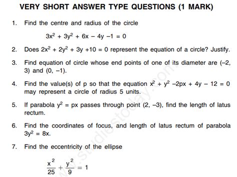 Cbse Class 11 Mathematics Conic Sections Assignment Set A 2025 26