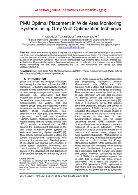 Pdf Pmu Optimal Placement In Wide Area Monitoring Systems Using Grey Wolf Optimization Technique