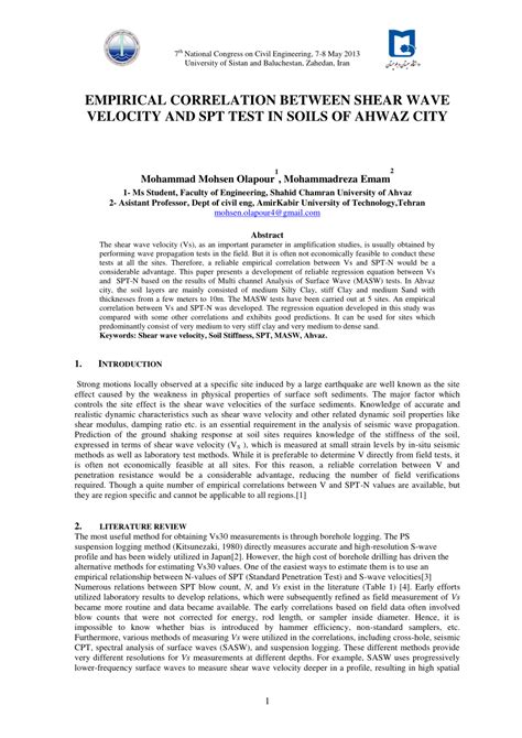 Pdf Empirical Correlation Between Shear Wave Velocity And Spt Test In