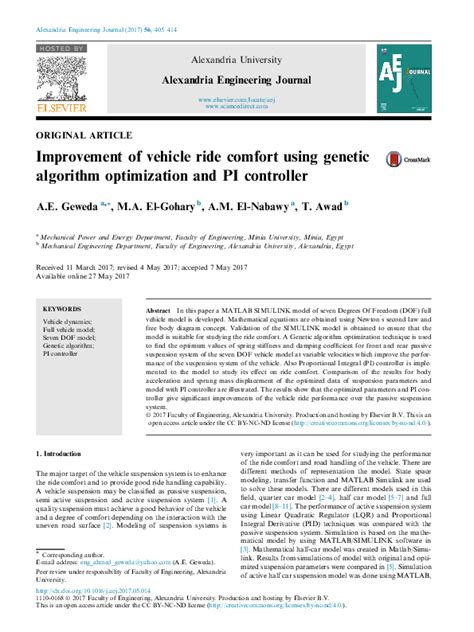 Pdf Improvement Of Vehicle Ride Comfort Using Genetic Algorithm Optimization And Pi Controller