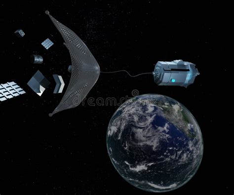 Mission For Satellite To Clean Up Space Debris Or Junk Around Earth Stock Illustration