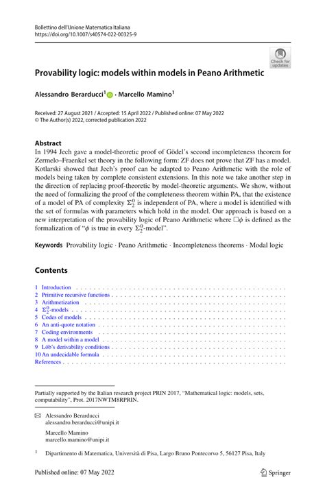 Pdf Provability Logic Models Within Models In Peano Arithmetic