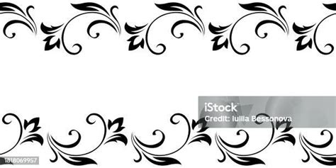 빈티지 프레임 양식화 된 나뭇잎의 테두리 꽃 흰색 배경에 검은 선으로 된 컬 수평 상단 및 하단 테두리 장식 벡터 배경 벽지 가장자리에 대한 스톡 벡터 아트 및 기타 이미지