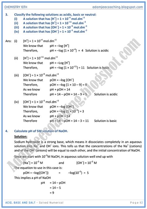 Adamjee Coaching Acid Base And Salt Solved Numerical Chemistry 10th