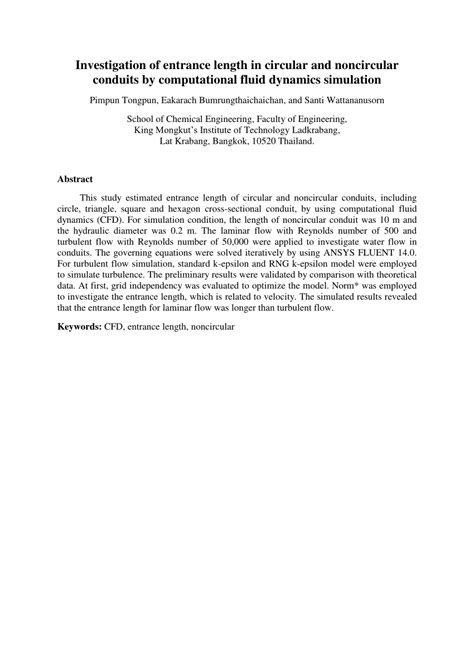 Pdf Investigation Of Entrance Length In Circular And Noncircular Conduits By Computational
