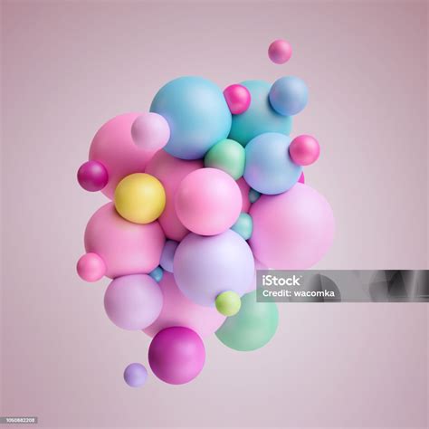 3d 렌더링 추상 핑크 파스텔 볼 다 색된 풍선 사탕 기하학적 배경 기본 도형 최소한의 디자인 파티 장식 플라스틱 장난감 절연된