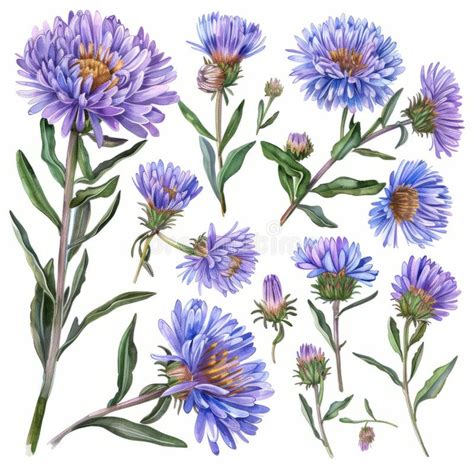 Watercolor Set Of Blue Aster Flowers With Stems And Leaves Elegant
