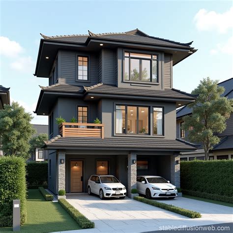 Traditional Japanese Townhouse With Three Car Garage Stable Diffusion
