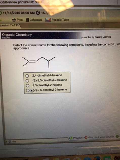 Solved Select The Correct Name For The Following Compound