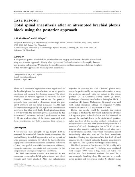 Pdf Total Spinal Anaesthesia After An Attempted Brachial Plexus Block Using The Posterior Approach