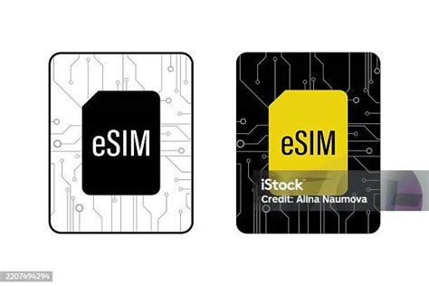 Esim 임베디드 Sim 카드 및 블랙 아이콘 실루엣 현대 기술 전자 Sim 전화 새로운 이동 통신 기술 디지털 카드 마이크로 칩 스마트 폰 Gsm 0명에 대한 스톡 벡터