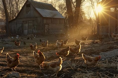 Premium Photo A Bustling Farmyard Scene With Hens Pecking At The