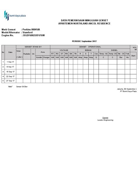 Form Pengecekan Genset Pdf