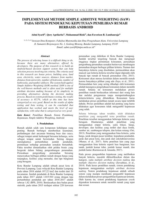 PDF IMPLEMENTASI METODE SIMPLE ADDITIVE WEIGHTING SAW PADA SISTEM PENDUKUNG KEPUTUSAN