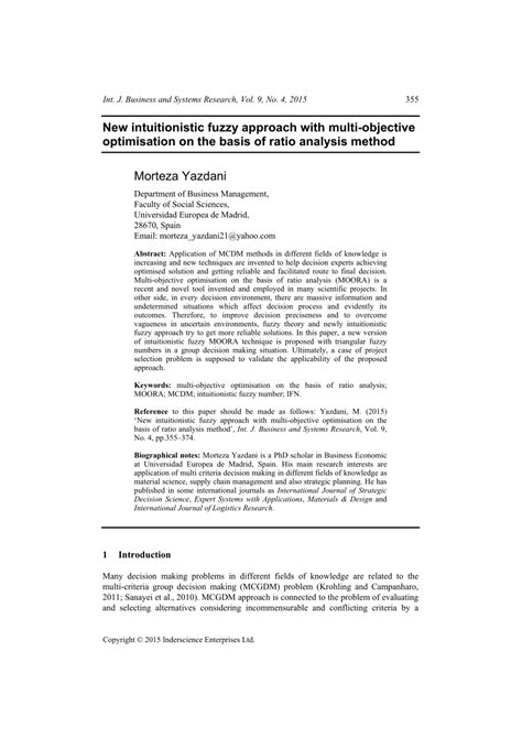 Pdf New Intuitionistic Fuzzy Approach With Multi Objective Optimisation On The Basis Of Ratio