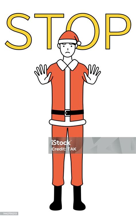 산타클로스 복장을 한 남자가 몸 앞에서 손을 내밀고 정지를 알리는 간단한 선 그리기 그림 물리적 압력에 대한 스톡 벡터 아트 및 기타 이미지 물리적 압력 크리스마스