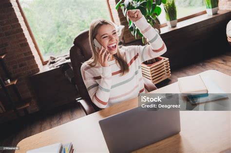 자연광이 들어오는 재택 근무에서의 성공을 축하하는 즐거운 젊은 여성 25 29세에 대한 스톡 사진 및 기타 이미지 25 29세 경영자 금발 머리 Istock