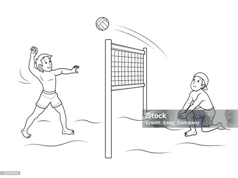 흰색 배경에 고립 된 공을 가지고 노는 비치 발리볼 선수의 벡터 그림 아이 색칠 페이지 그리기 예술 첫 번째 단어 플래시 카드
