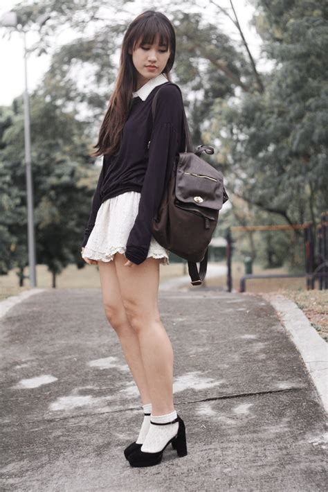 White Ankle Socks Black Buckled Heels Short White Ruffled Skirt