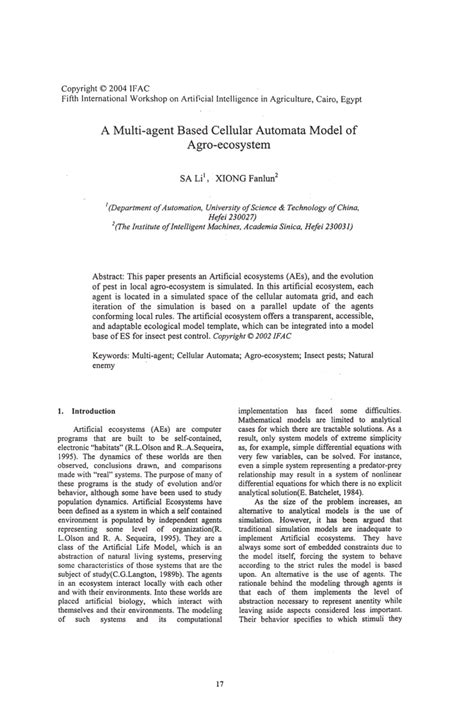 Pdf A Multi Agent Based Cellular Automata Model Of Agro Ecosystem