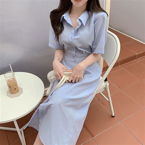 알콜프리 반팔 셔츠 셔링 허리끈 리본 반팔 롱 원피스 소라민트베이지 에이블리