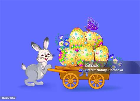 귀여운 토끼가 달걀을 들고 카트를 굴리는 그림 부활절 인사말 카드입니다 행복한 토끼와 휴일 장식입니다 엽서 포스터 벽지 초대장 디자인을 위한 아름다운 배경 벡터 이미지입니다