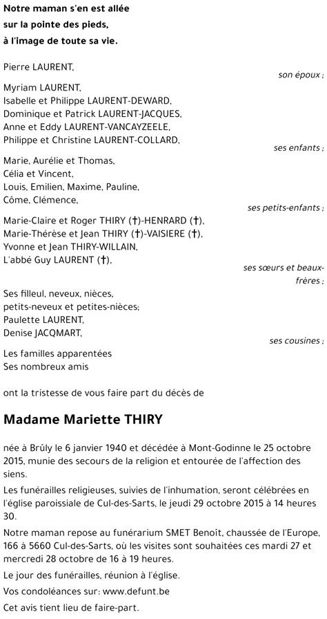 Avis De Décès De Mariette Thiry Décédé Le 25 10 2015 à Annonce