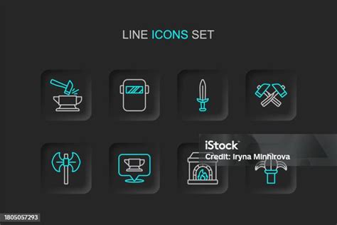 세트 라인 클래식 철 울타리 대장장이 오븐 모루 도구 중세 장대 도끼 교차 망치 검 용접 마스크 및 모루 및 아이콘 벡터 강철에 대한 스톡 벡터 아트 및 기타 이미지