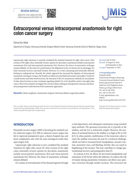 Pdf Extracorporeal Versus Intracorporeal Anastomosis For Right Colon Cancer Surgery