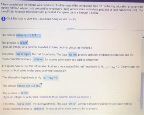 Solved Exces Data Analysis Tool Resultsa Two Sample Test For