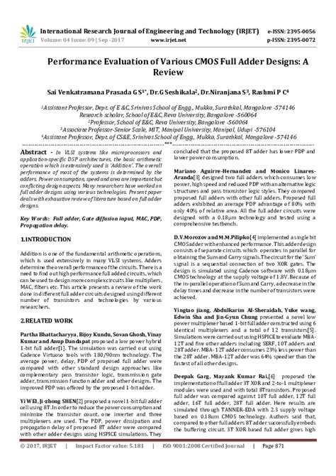 Pdf Performance Evaluation Of Various Cmos Full Adder Designs A Review Irjet Journal