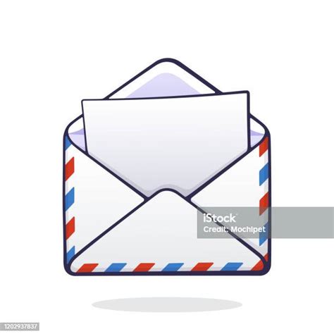 벡터 그림입니다 빨간색과 파란색 줄무늬가있는 메일 봉투를 열었습니다 들어오는 메시지를 읽었습니다 통신 및 인터넷 편지의 상징 0